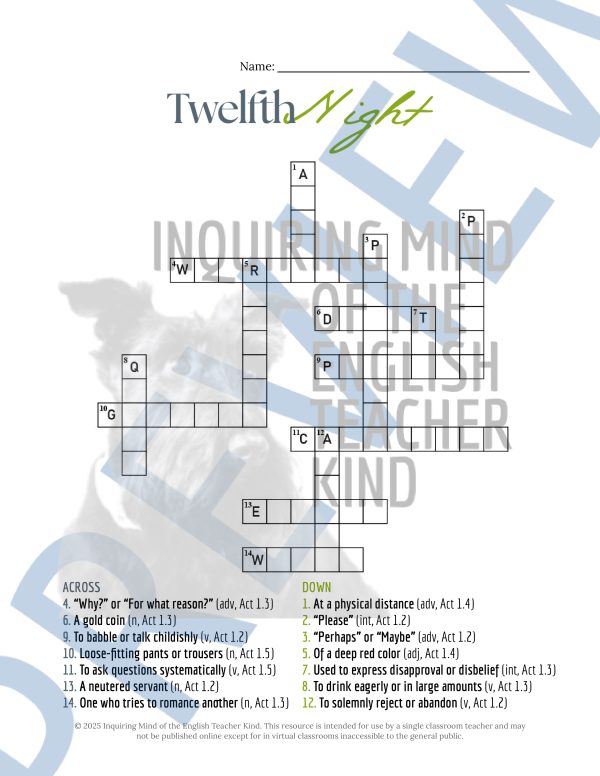 Twelfth Night Act 1 Vocabulary Activities | Word Search | Crossword ...