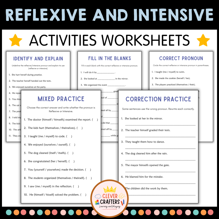 Printable Reflexive and Intensive Pronouns Grammar Worksheets for Grade ...