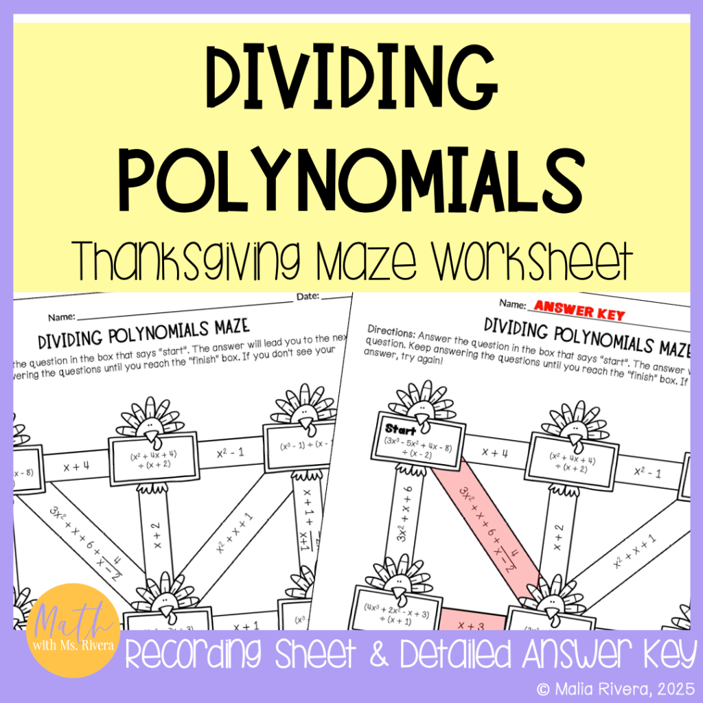 Thanksgiving Dividing Polynomials Maze Worksheet for Algebra 2 - Made ...