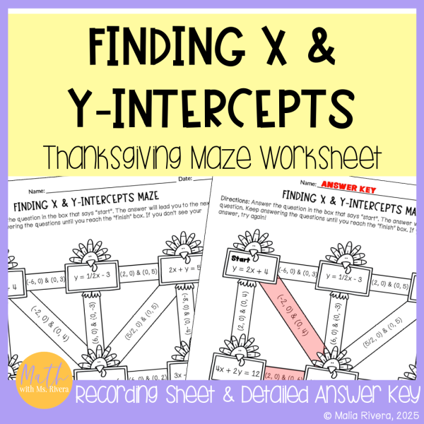 Thanksgiving Finding X and Y Intercepts of Equations Maze Worksheet for ...