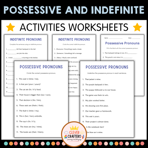 Possessive and Indefinite Pronouns Grammar Worksheets for Grade 1, 2, 3 ...