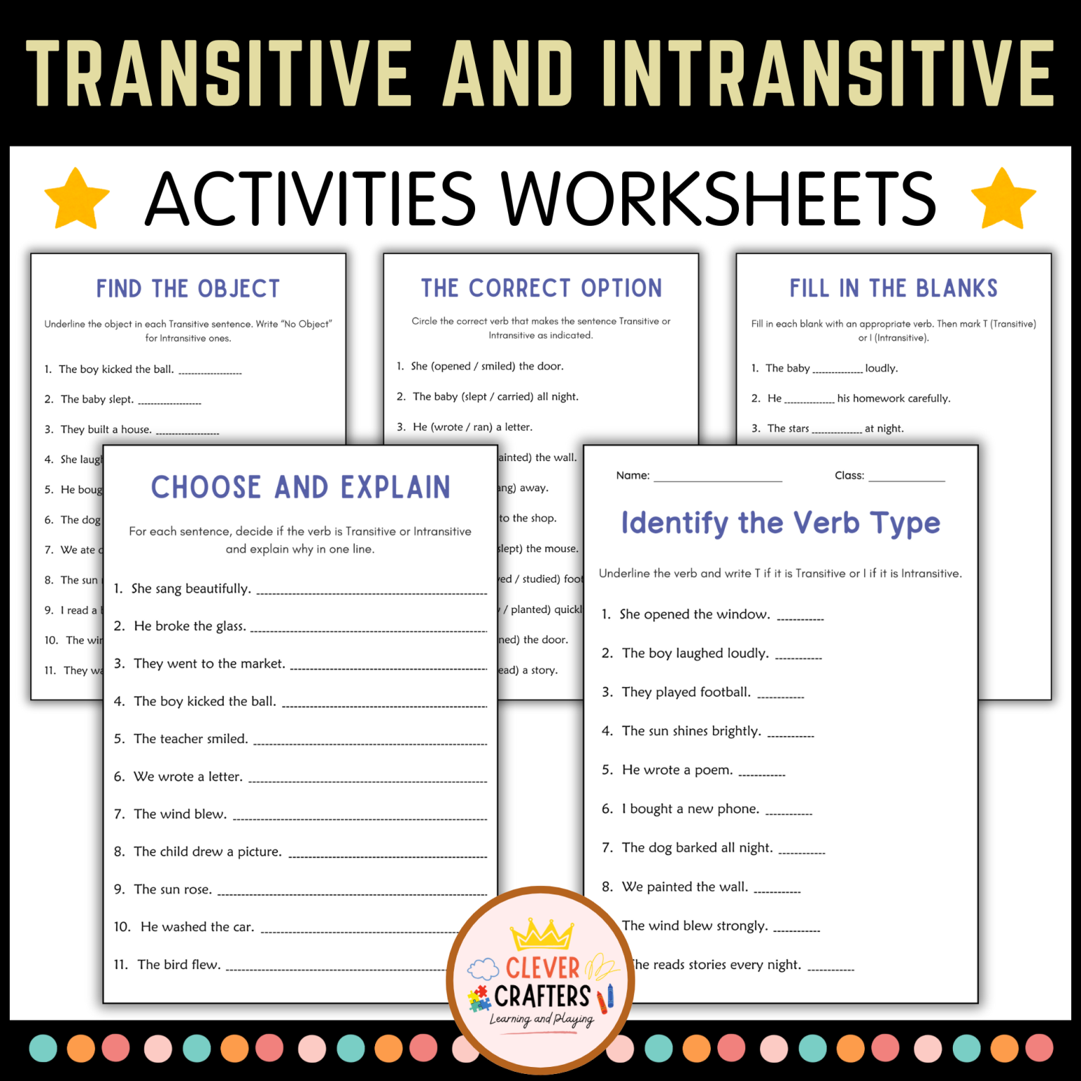 Transitive and Intransitive Verbs Grammar Worksheets for Grade 1, 2, 3 ...