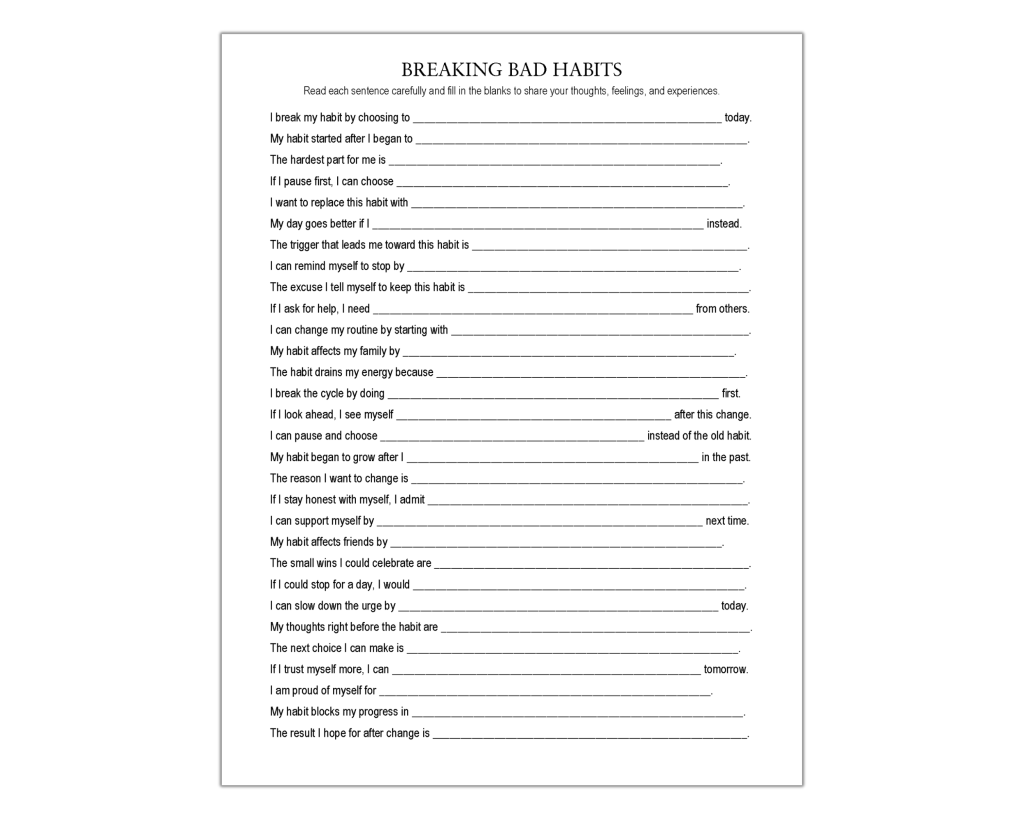 Breaking Bad Habits Worksheet, Habit Building, Goal Setting, Stress ...
