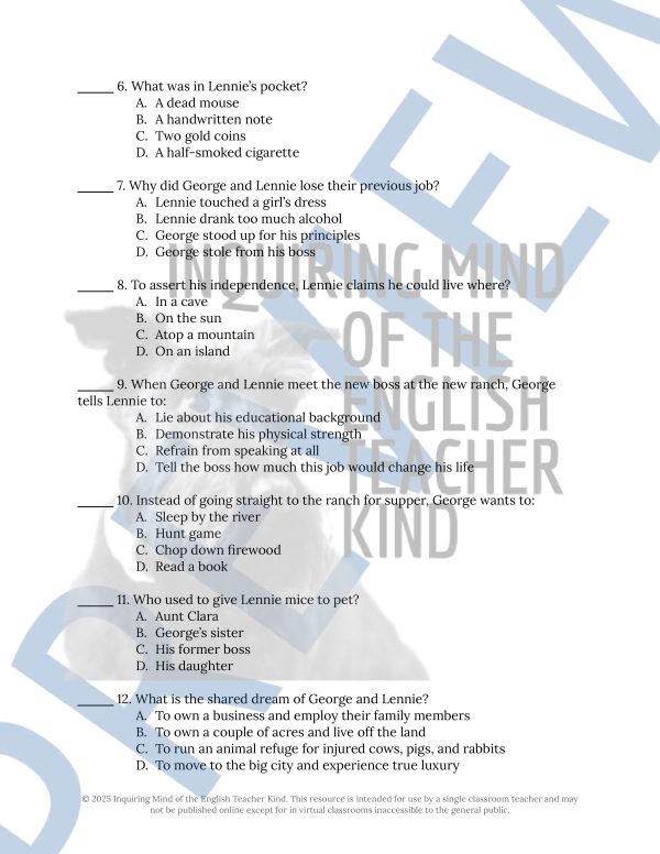 Of Mice and Men Chapter 1 Quiz and Answer Key | Reading Comprehension ...