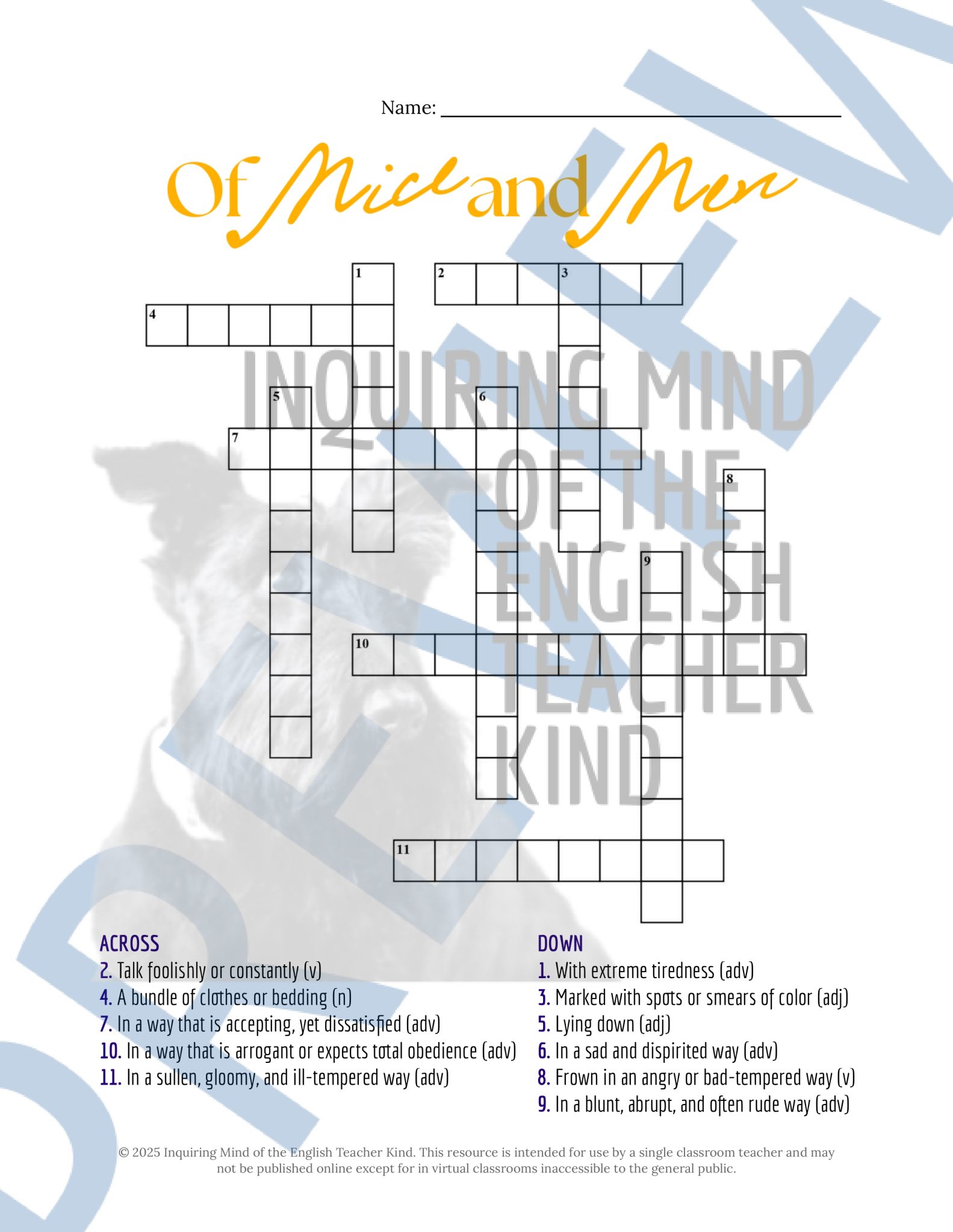 Of Mice and Men Chapter 1 Quiz, Analysis Worksheet, and Vocabulary ...