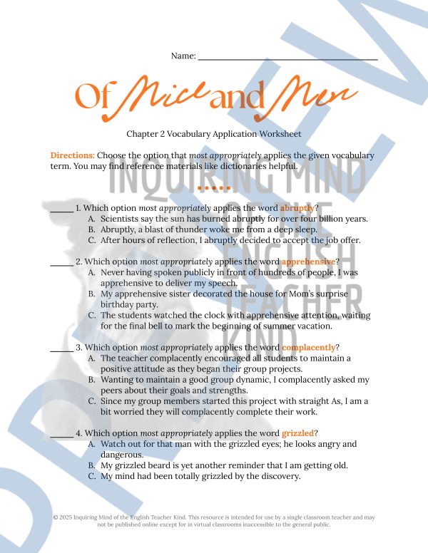 Of Mice and Men Chapter 2 Vocabulary Activities | Crossword Puzzle ...