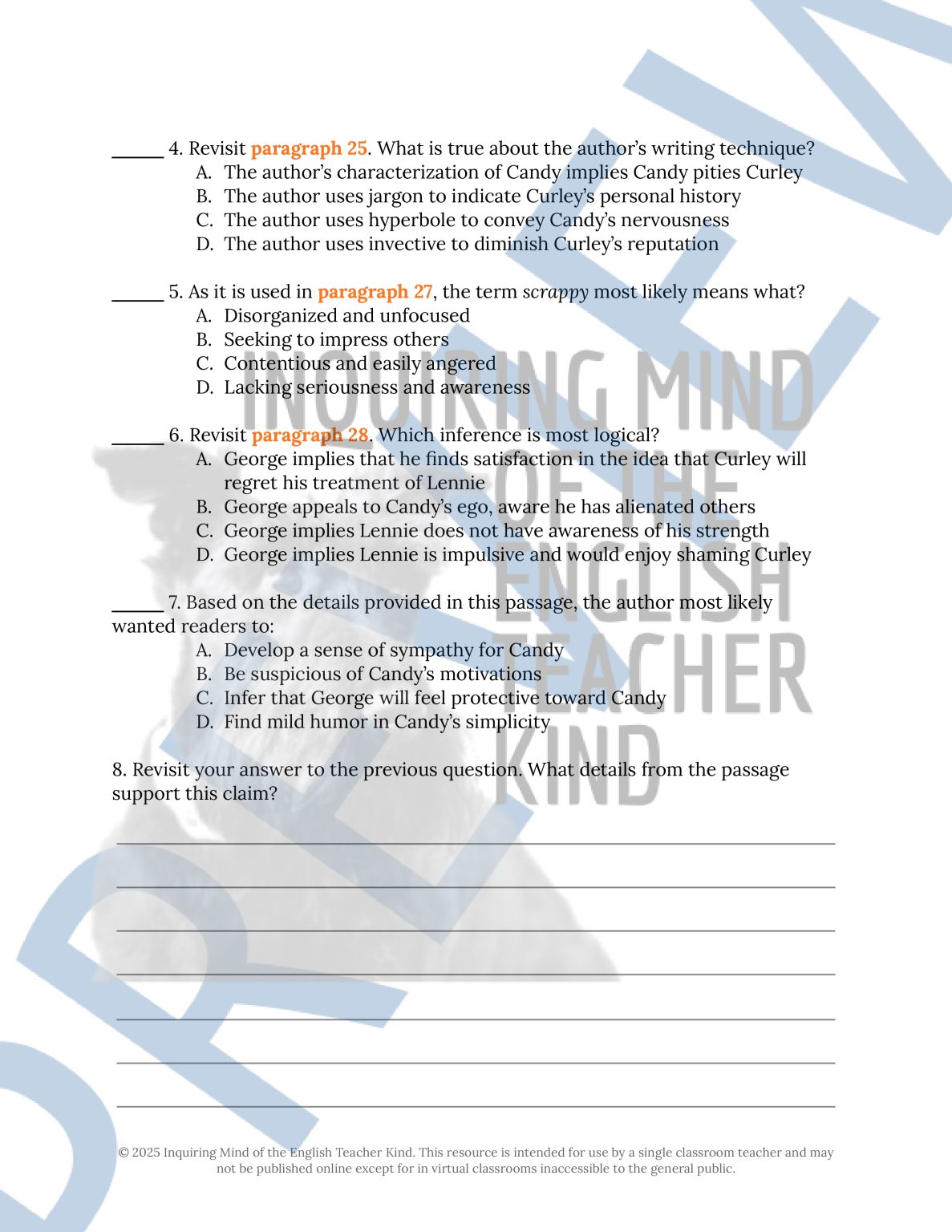 Of Mice and Men Chapter 2 Quiz, Analysis Worksheet, and Vocabulary ...