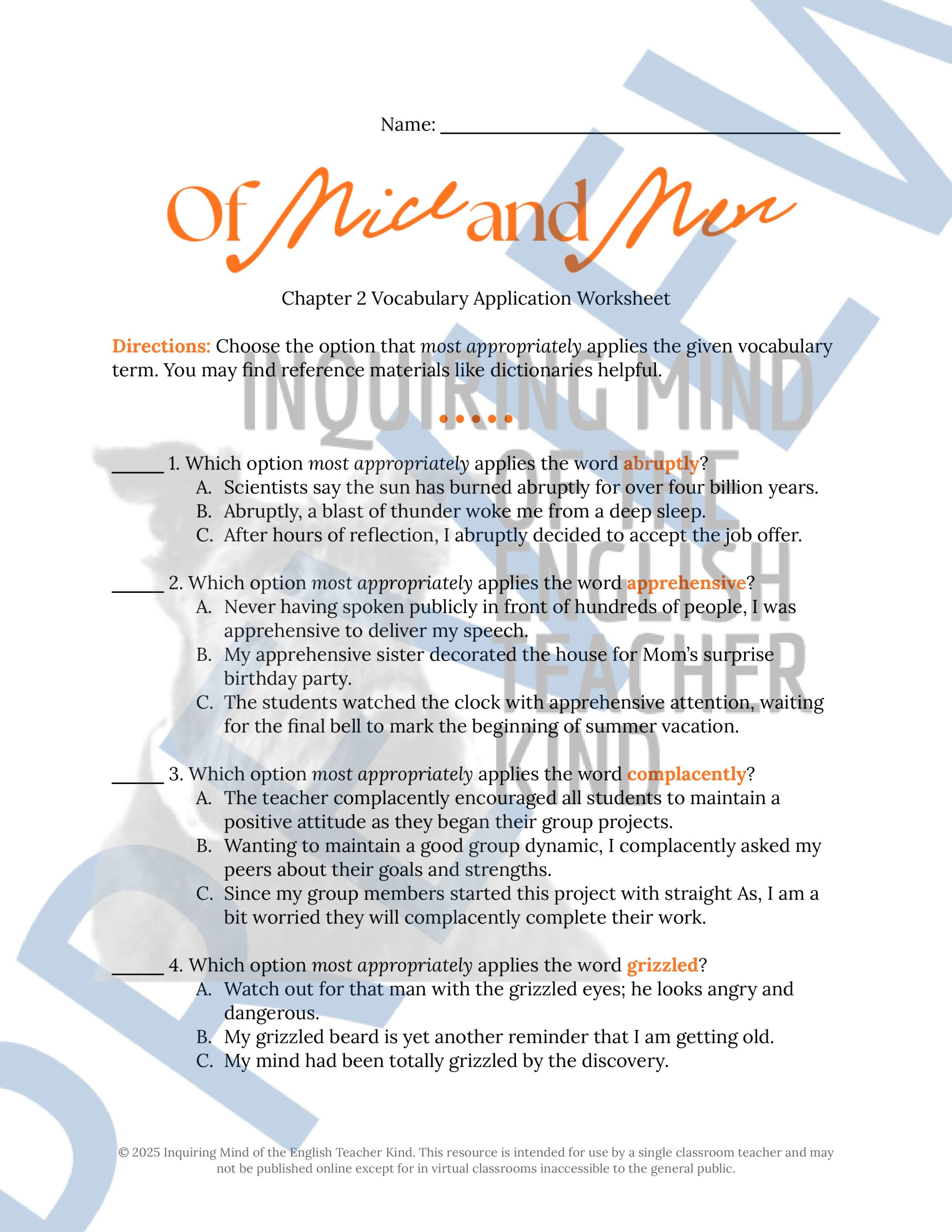 Of Mice and Men Chapter 2 Quiz, Analysis Worksheet, and Vocabulary ...