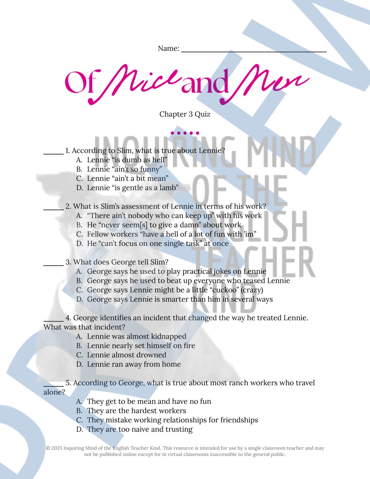 Of Mice and Men Chapter 3 Quiz and Answer Key | Reading Comprehension ...