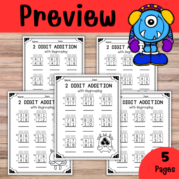 2-Digit by 1–2 Digit Addition Worksheets | Monster Theme | Made By Teachers