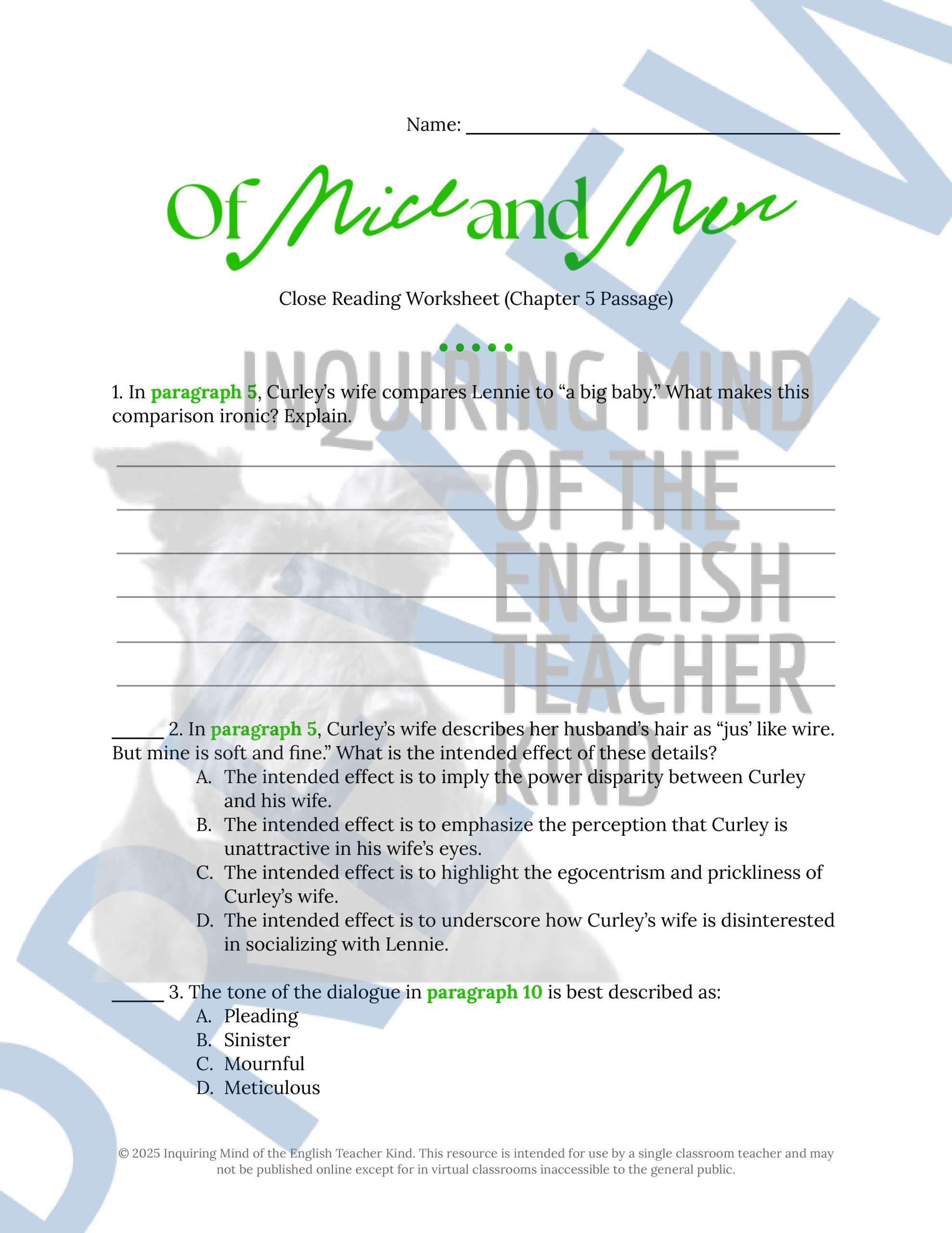 Of Mice and Men Chapter 5 Quiz, Close Reading Analysis Worksheet, and ...