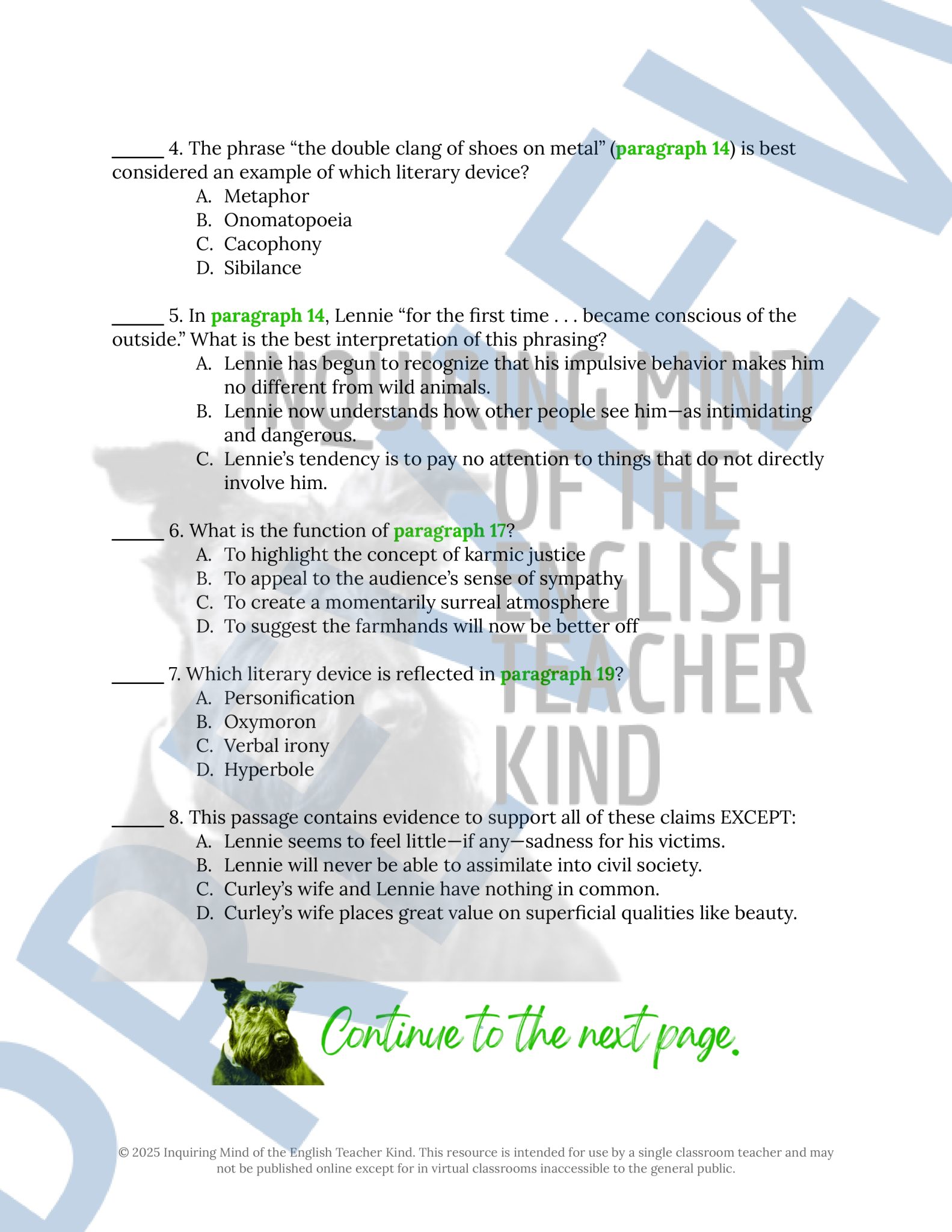 Of Mice and Men Chapter 5 Quiz, Close Reading Analysis Worksheet, and ...