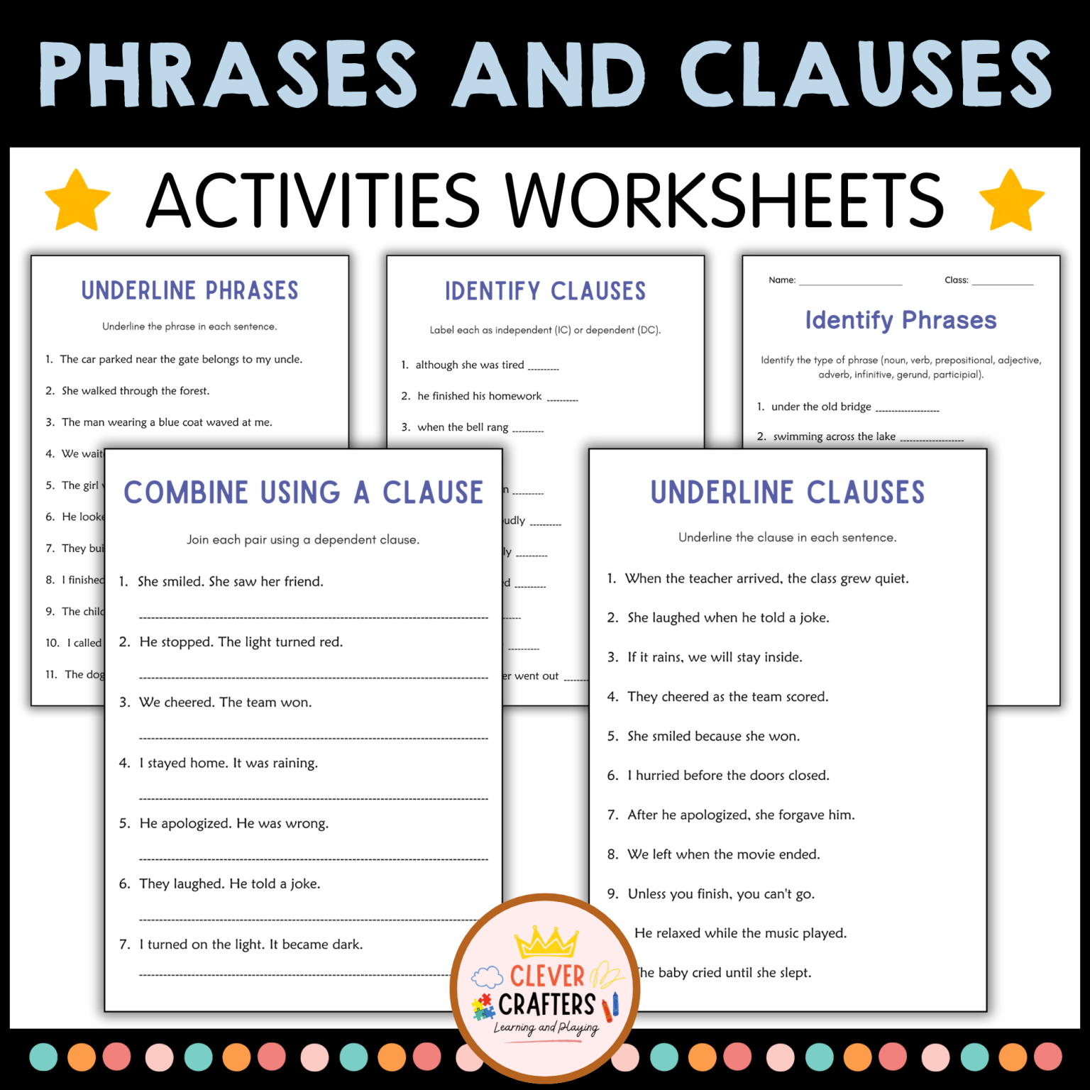 Phrases and Clauses Grammar Worksheets for Grade 1, 2, 3 - Made By Teachers