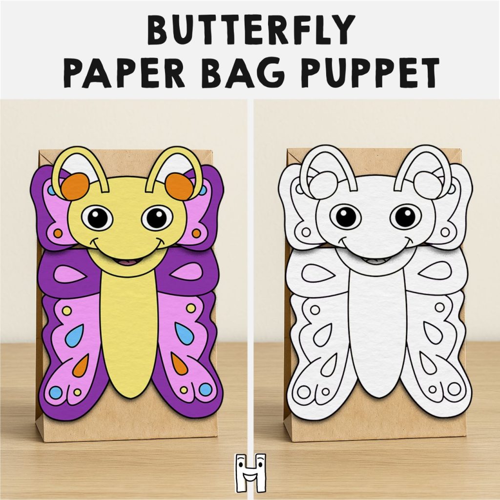 Butterfly Puppet Paper Bag Craft Activity Coloring Bug Insect - Made By ...