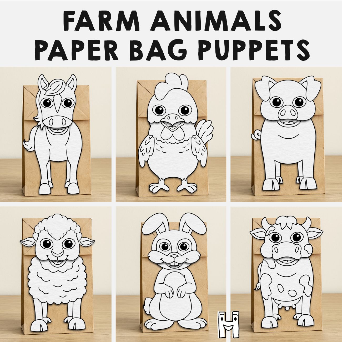 Farm Animals paper bag puppet craft Printable Coloring Activity - Made ...
