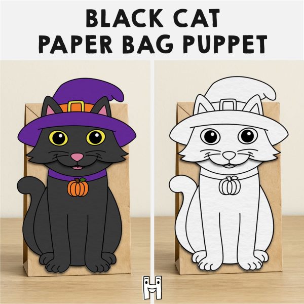 Black Cat Puppet Paper Bag Craft Activity Coloring Halloween | Made By ...