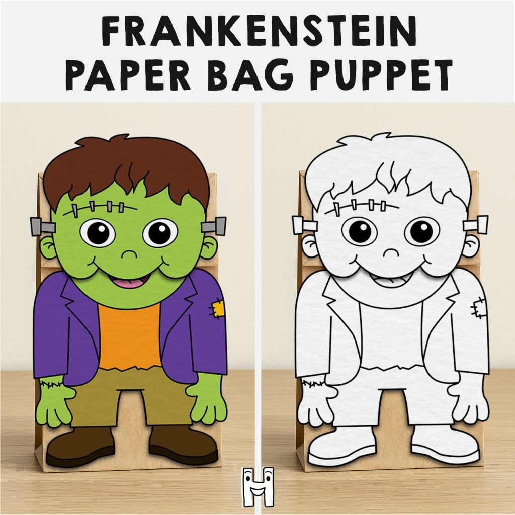 Frankenstein Puppet Paper Bag Craft Activity Coloring Halloween | Made ...