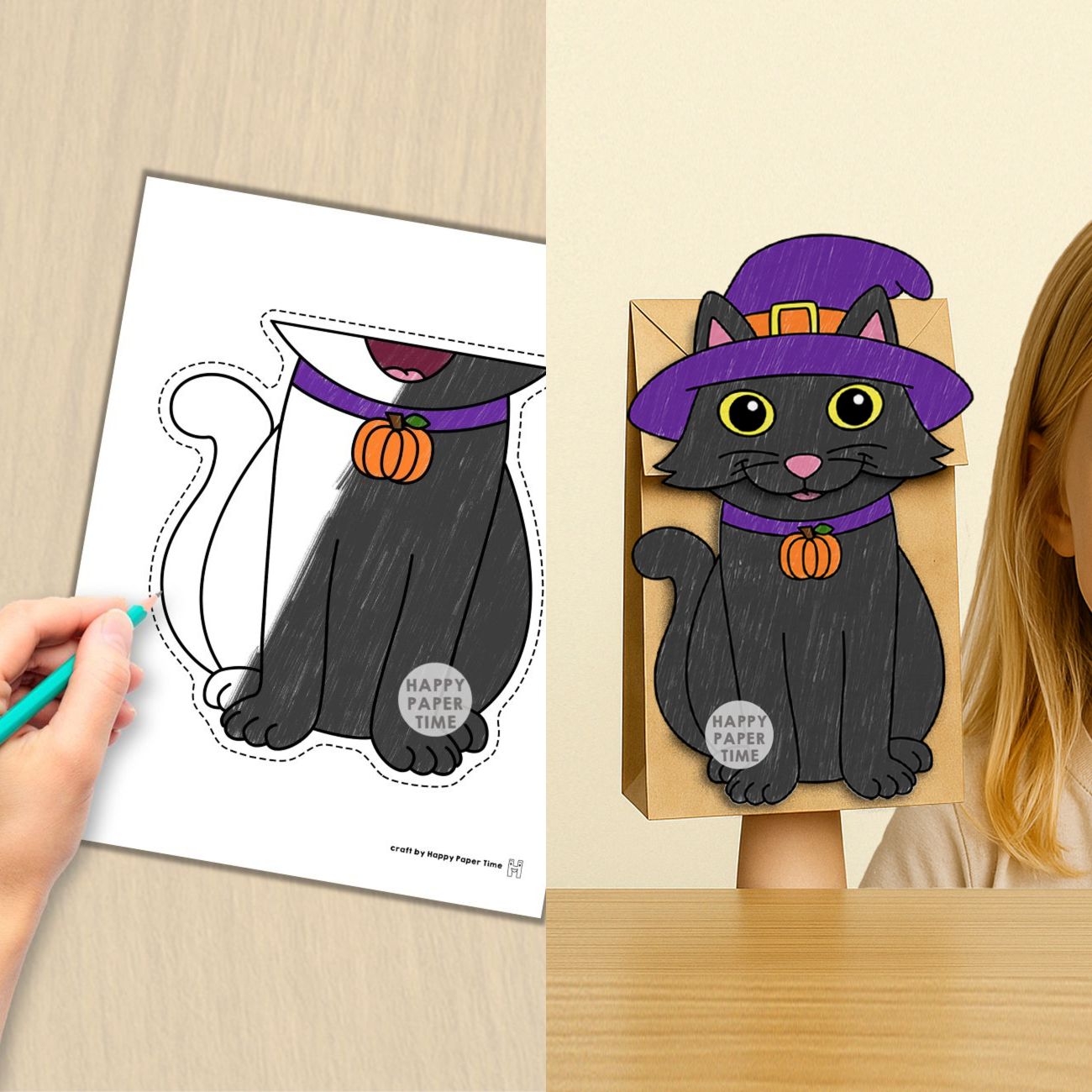 Halloween paper bag puppet craft Printable Coloring Activity | Made By ...