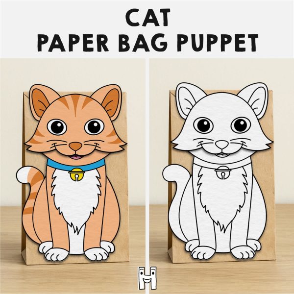 Cat Puppet Paper Bag Craft Activity Coloring Kitten Pet Animal | Made ...