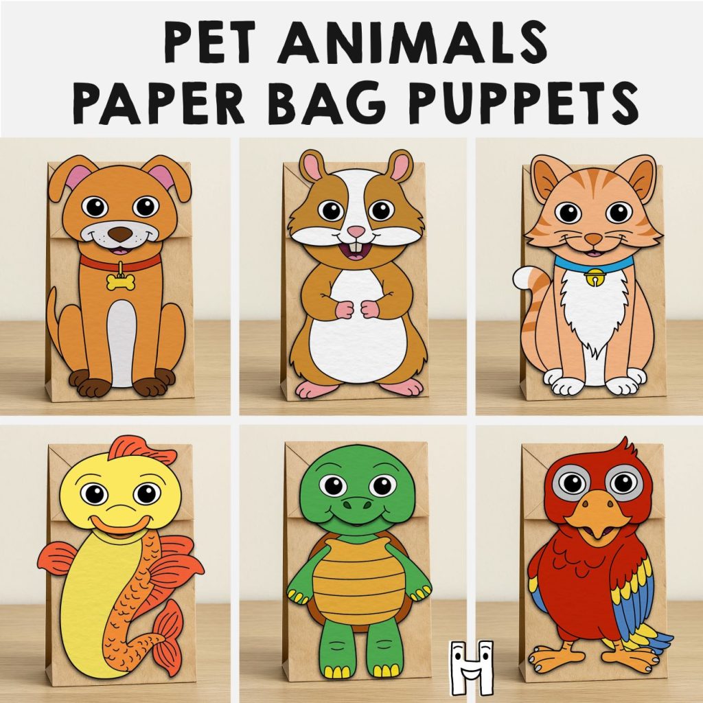 Pet Animals paper bag puppet craft Printable Coloring Activity | Made ...