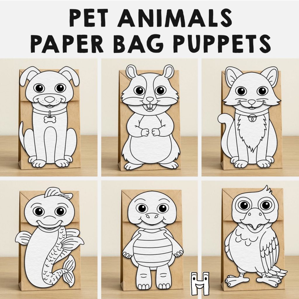 Pet Animals paper bag puppet craft Printable Coloring Activity | Made ...