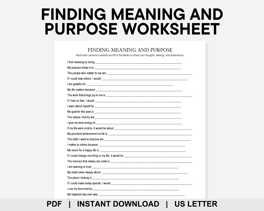 Finding Meaning and Purpose Worksheet, Life Purpose, Goal Setting, Core ...