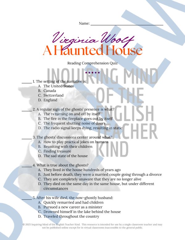 "A Haunted House" by Virginia Woolf Quiz and Answer Key | Modernist ...