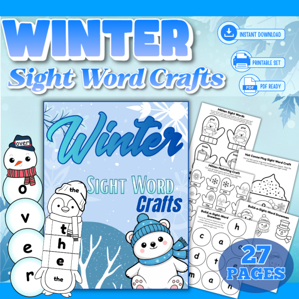 Winter Sight Word Crafts for Kindergarten–1st Grade provide hands-on ...