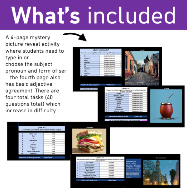 Spanish Ser + Subject Pronouns Mystery Picture Reveal No Prep + Instant ...