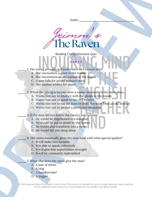 "The Raven" Quiz and Key | Grimm's Fairy Tale | Reading Comprehension ...