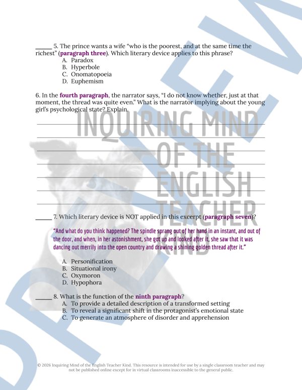 "The Spindle, Shuttle, and Needle" Close Reading Worksheet | Grimm's ...