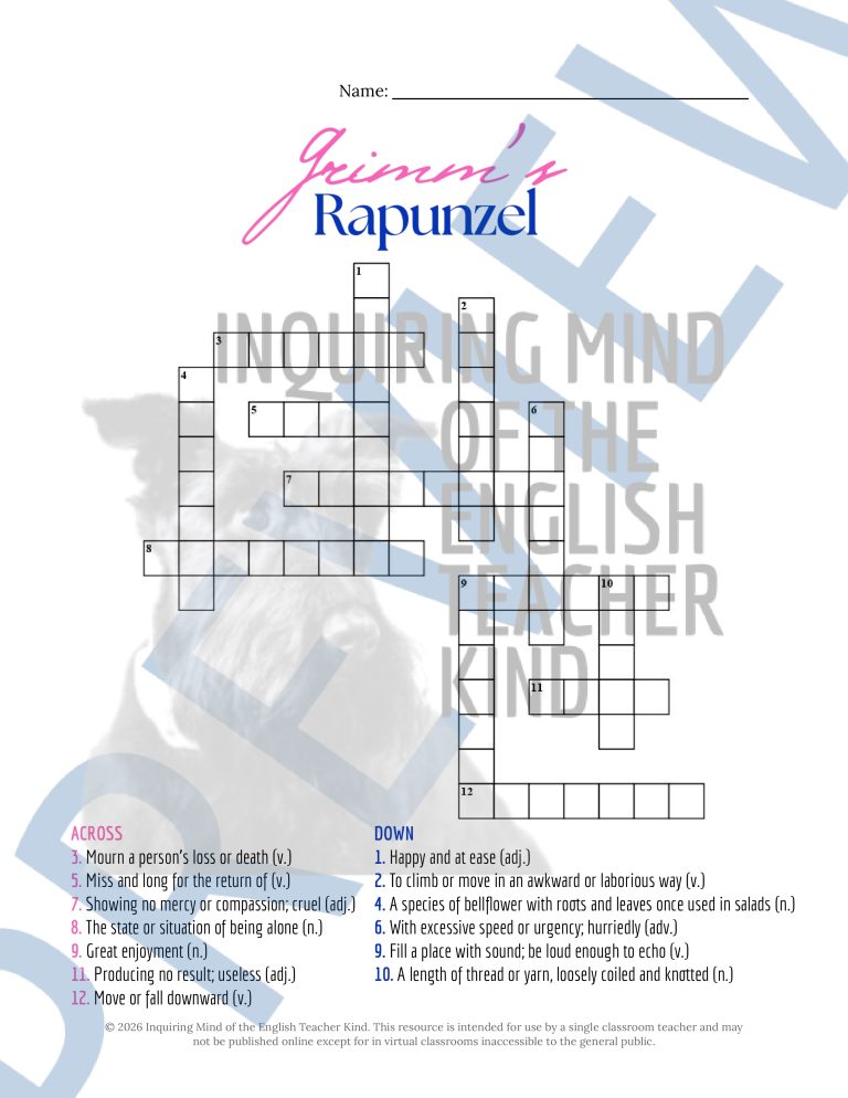 "Rapunzel" by the Brothers Grimm Vocabulary Activities | Crossword ...
