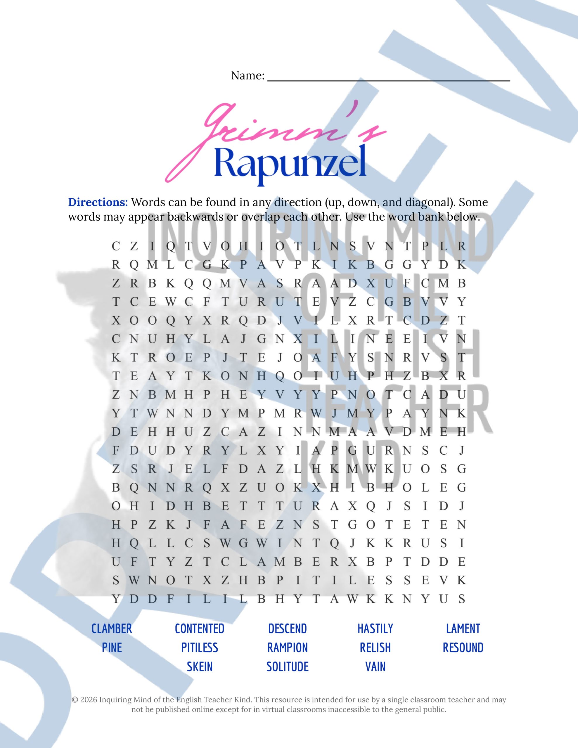 "Rapunzel" by the Brothers Grimm Vocabulary Activities | Crossword ...