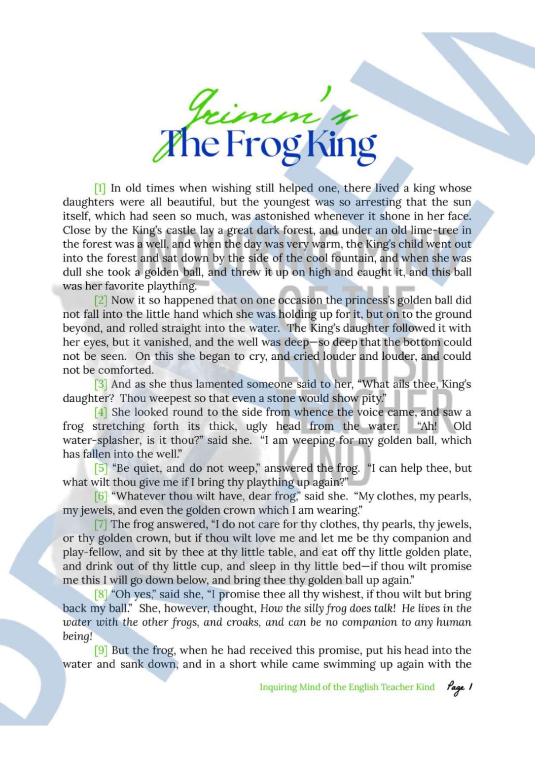 "The Frog King" Close Reading Analysis Worksheet | Brothers Grimm Fairy ...