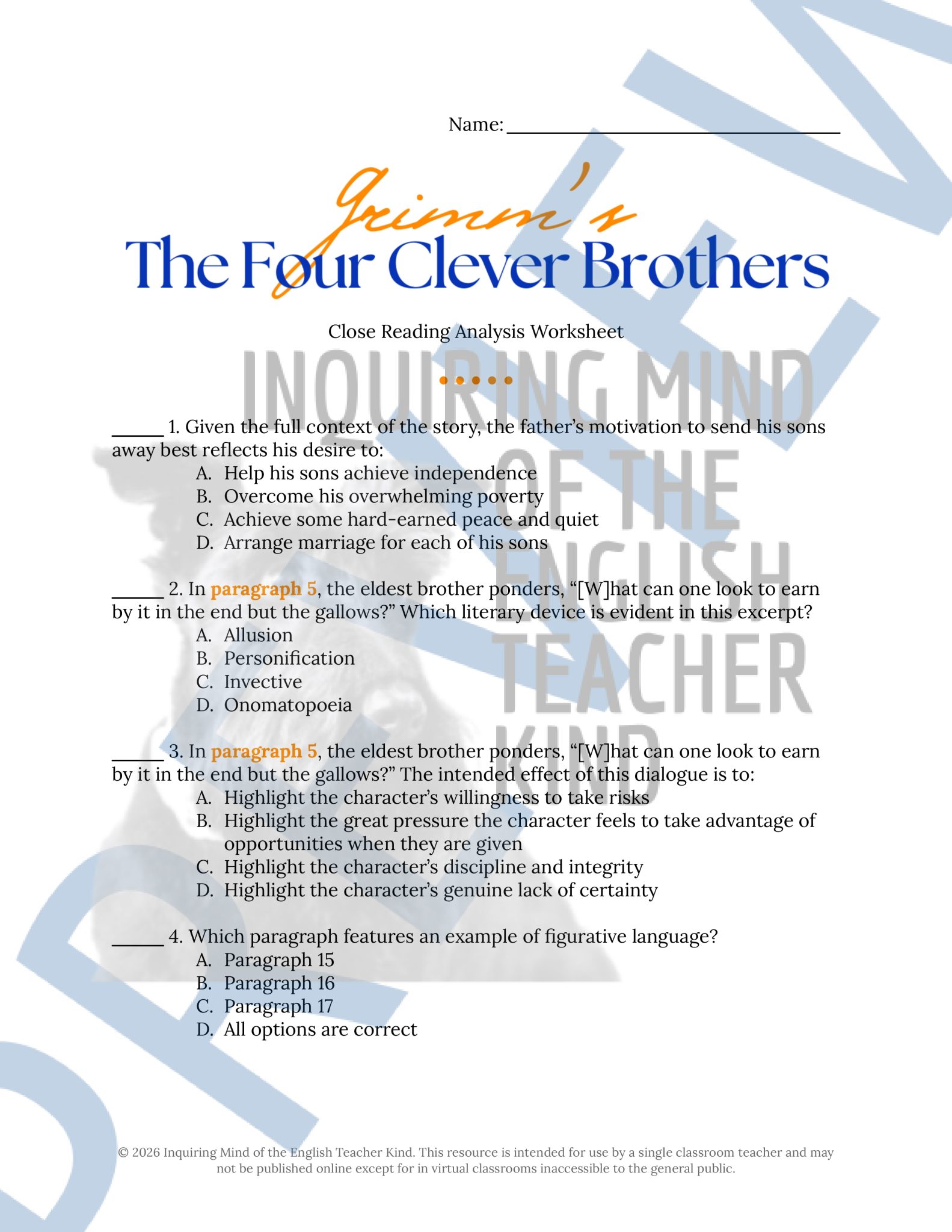 "The Four Clever Brothers" Close Reading Analysis Worksheet (Grimm's ...