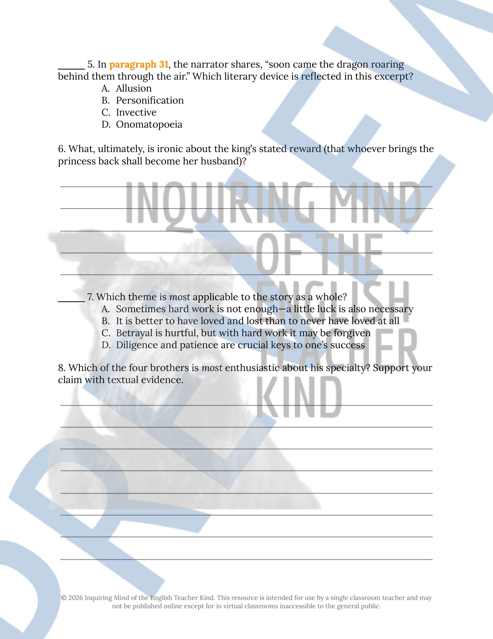 "The Four Clever Brothers" Close Reading Analysis Worksheet (Grimm's ...