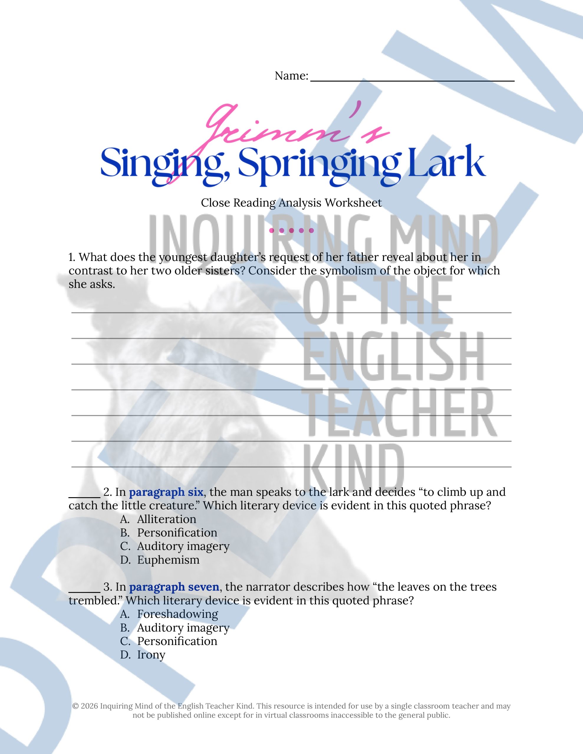 "Singing, Springing Lark" Close Reading Analysis Worksheet | Grimm's ...