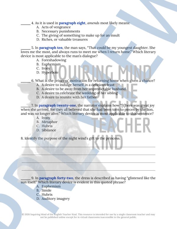 "Singing, Springing Lark" Close Reading Analysis Worksheet | Grimm's ...
