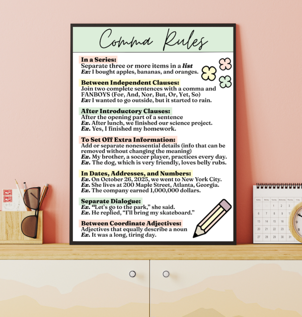 Comma Usage Guide ELA Anchor Chart Poster Grammar & Punctuation Poster ...