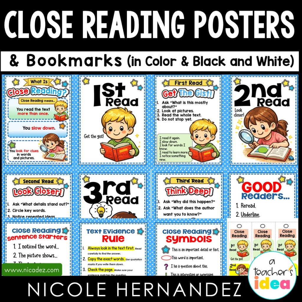 Close Reading Posters & Visual Strategy Cards | First, Second & Third ...