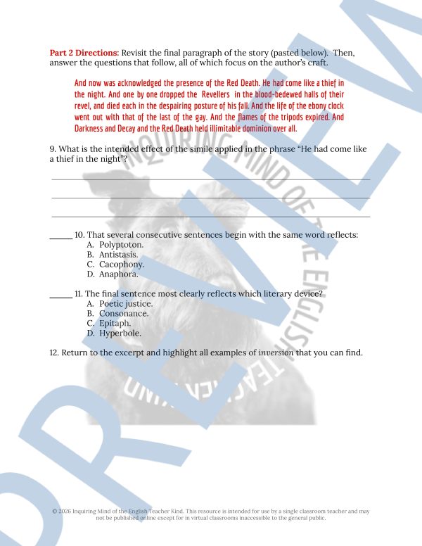 "Masque of the Red Death" Close Reading Worksheet | Halloween English ...