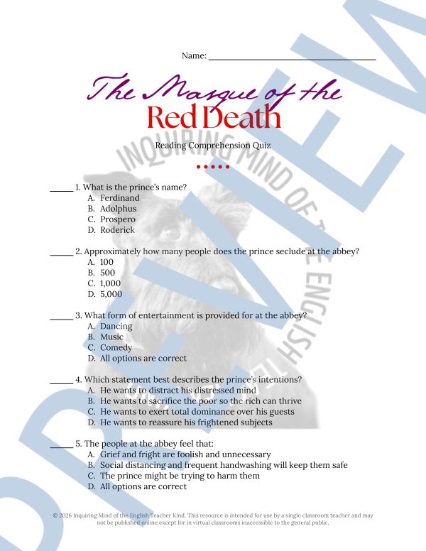 "The Masque of the Red Death" Quiz and Answer Key | Independent Reading ...