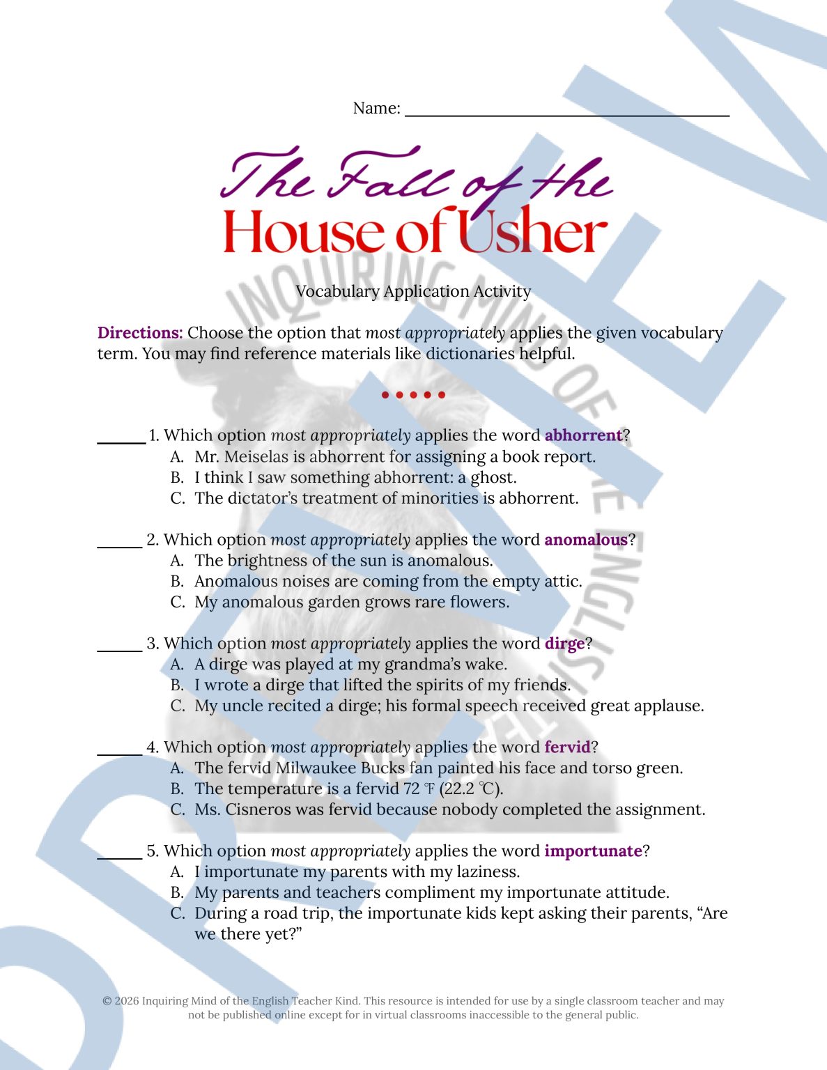 "Fall of the House of Usher" Vocabulary Games | Crossword Puzzle | Word ...