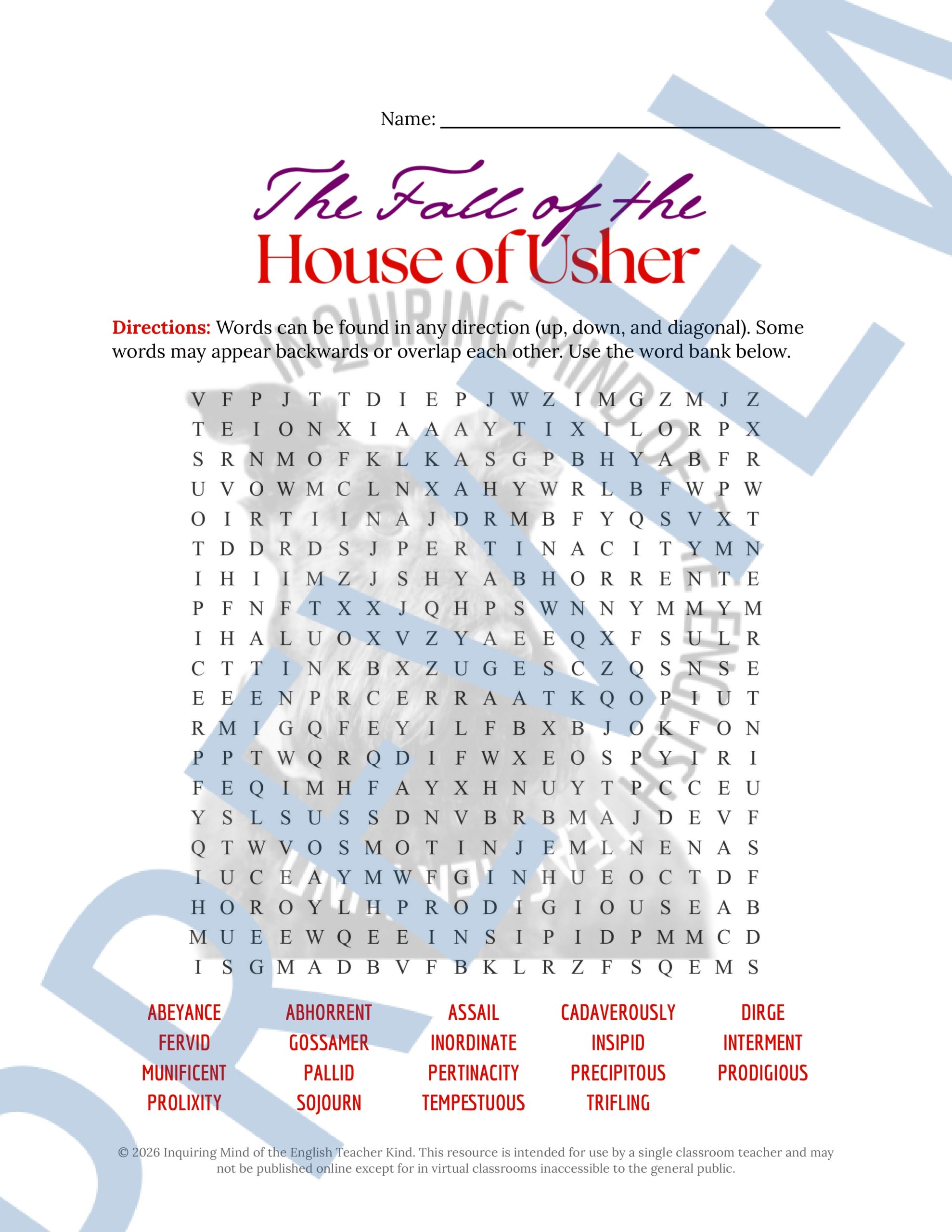 "Fall of the House of Usher" Vocabulary Games | Crossword Puzzle | Word ...