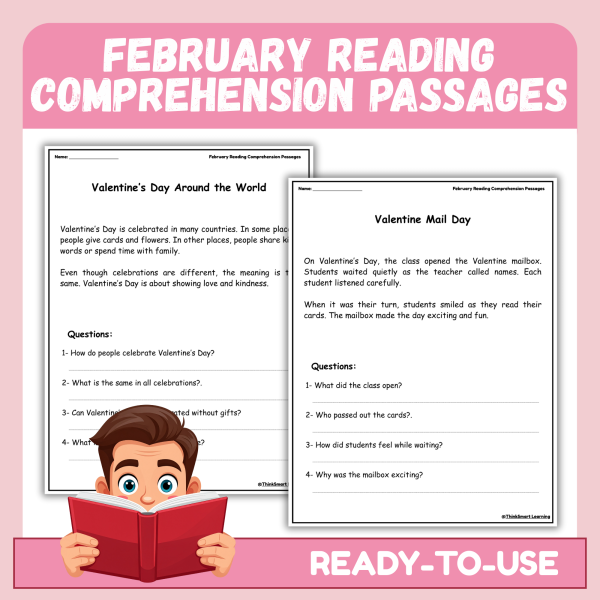 February Reading Comprehension Passages and Questions Valentine's Day ...