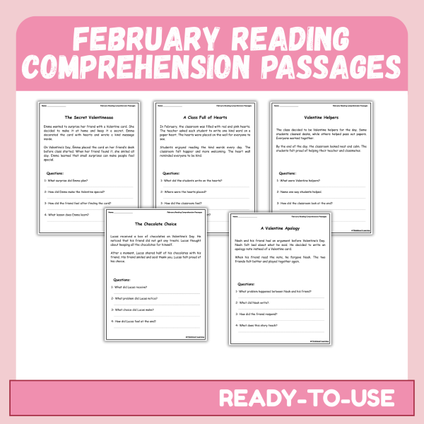 February Reading Comprehension Passages and Questions Valentine's Day ...