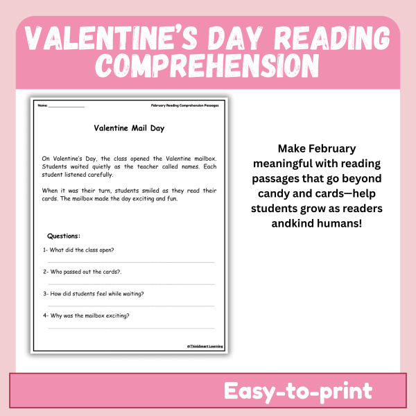 February Reading Comprehension Passages and Questions Valentine's Day ...
