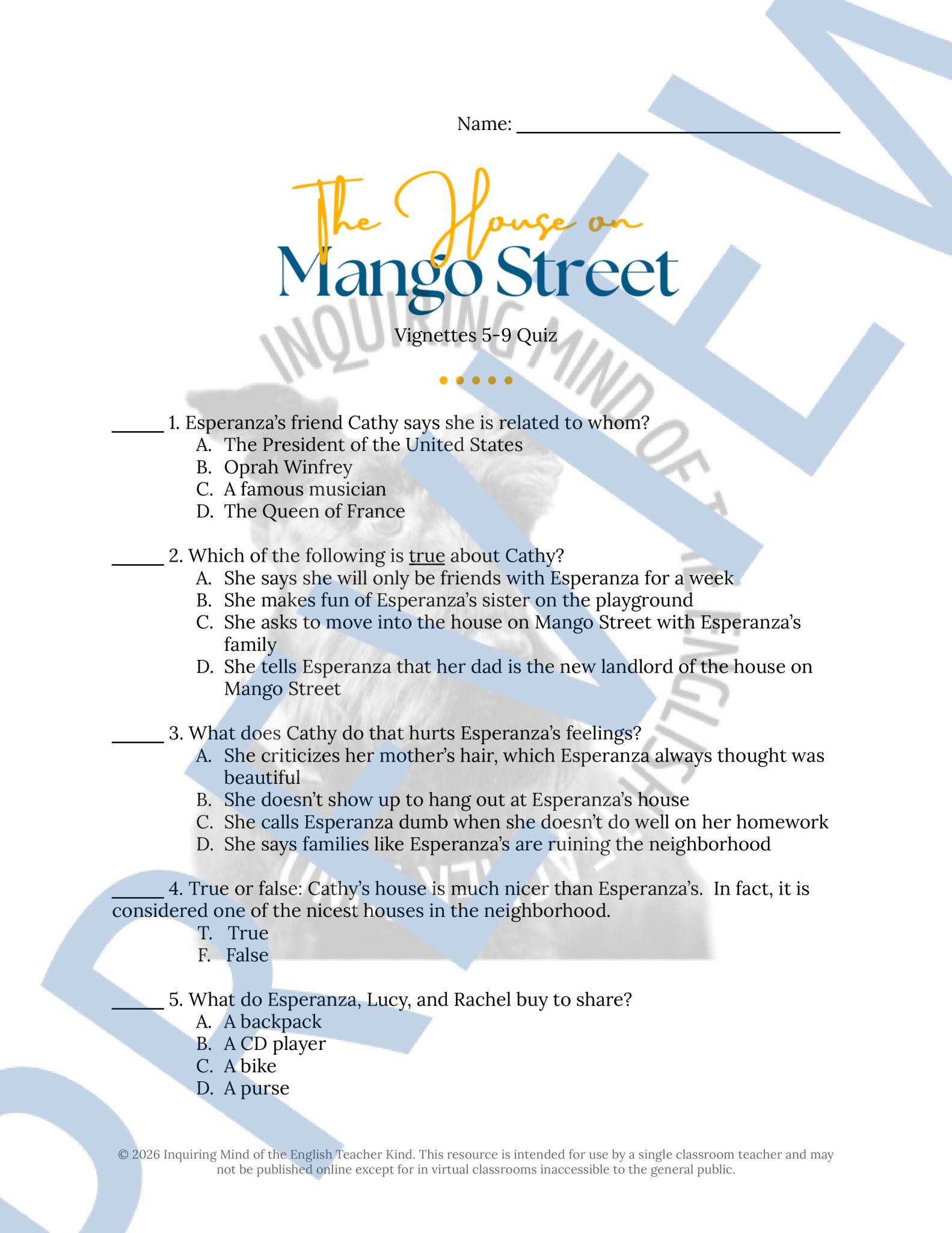 House on Mango Street Quiz and Answer Key Bundle - Made By Teachers