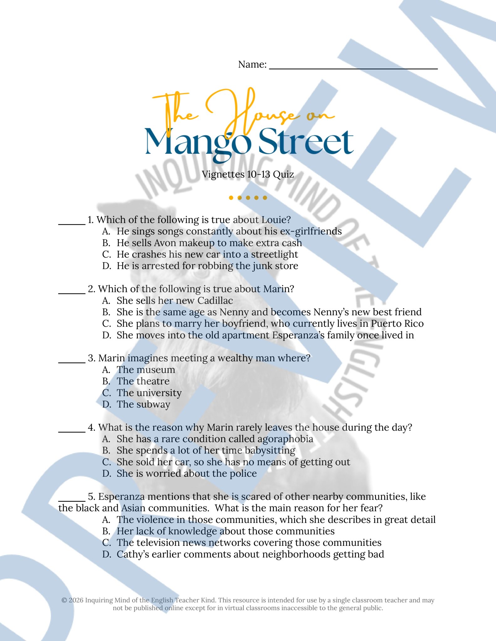 House on Mango Street Quiz and Answer Key Bundle - Made By Teachers