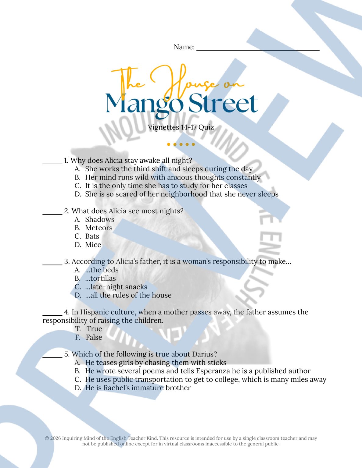 House on Mango Street Quiz and Answer Key Bundle - Made By Teachers